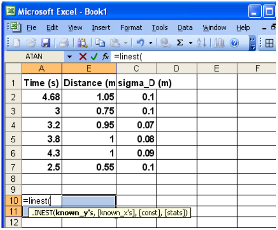 Lab J - Using the Linest Function in Excel